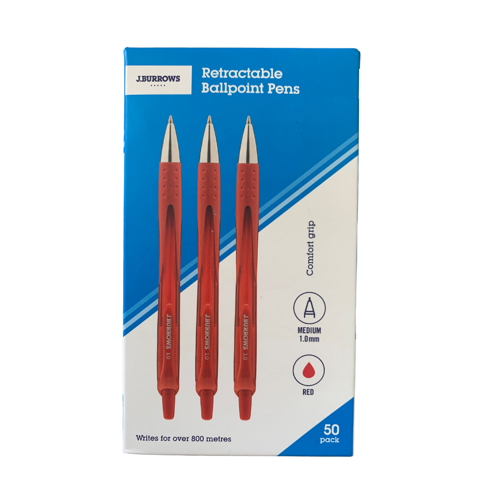 J.Burrows Retractable Ballpoint Pens Red 50 Pack - Unique Deals